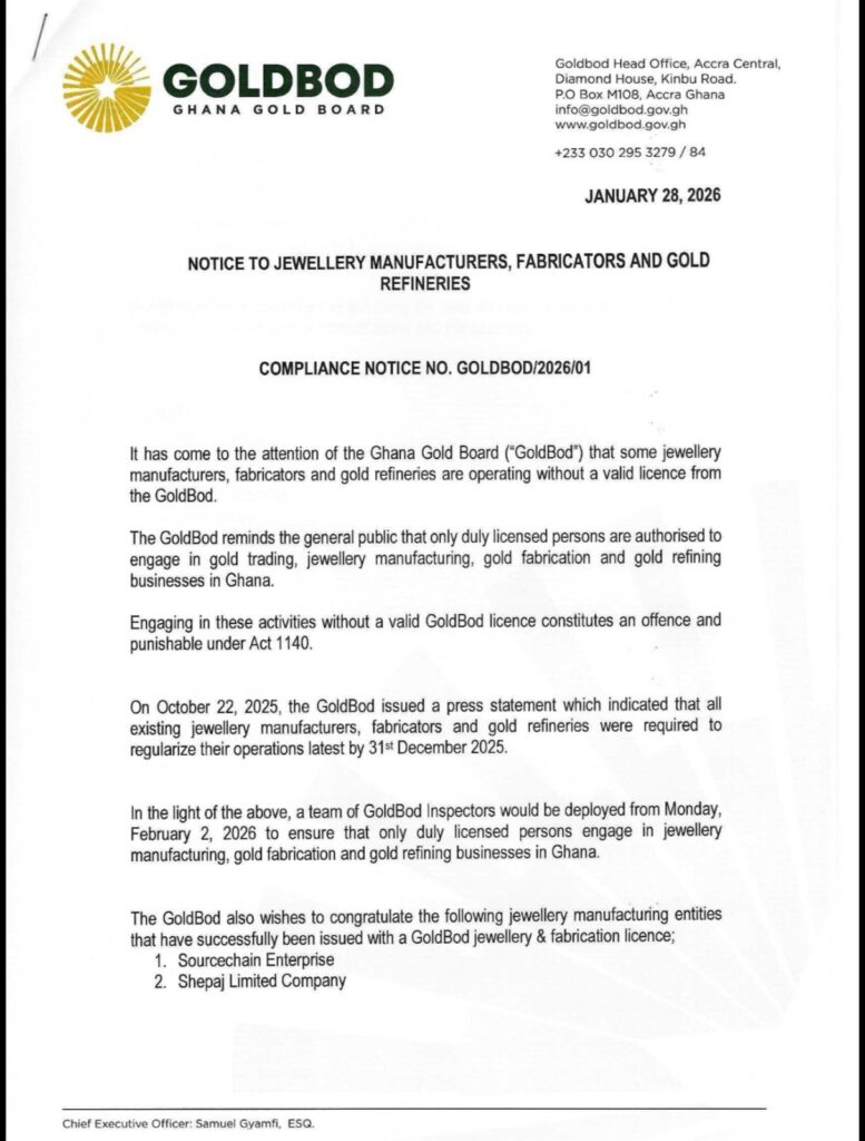 GoldBod to deploy inspectors against unlicensed Jewellers February 2 ...